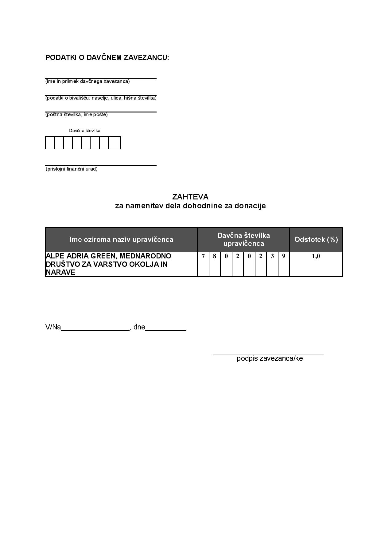 NAMENITE 1,0% DOHODNINE ZA PRIHODNOST NAŠIH OTROK ...